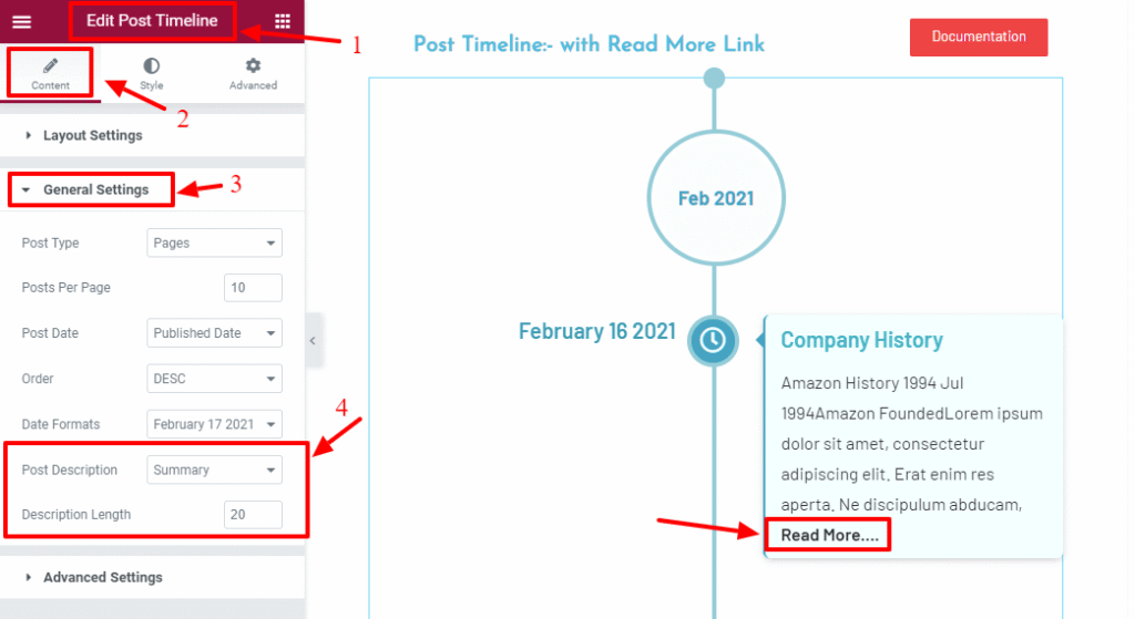 Read More And Content Length - Timeline Widget Pro For Elementor