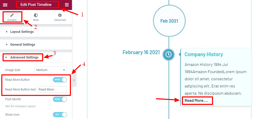 Read More And Content Length - Timeline Widget Pro For Elementor